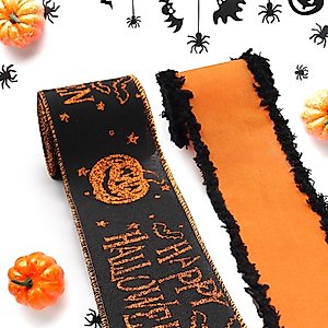Threetols 2 Rolls 10 Yards Halloween Wired Edge Ribbon, 2.5inch Black Orange Glitter Pumpkin Burlap Ribbon, Orange Velvet Ribbon for Halloween Party DIY Craft Home Wreaths Bow Decor