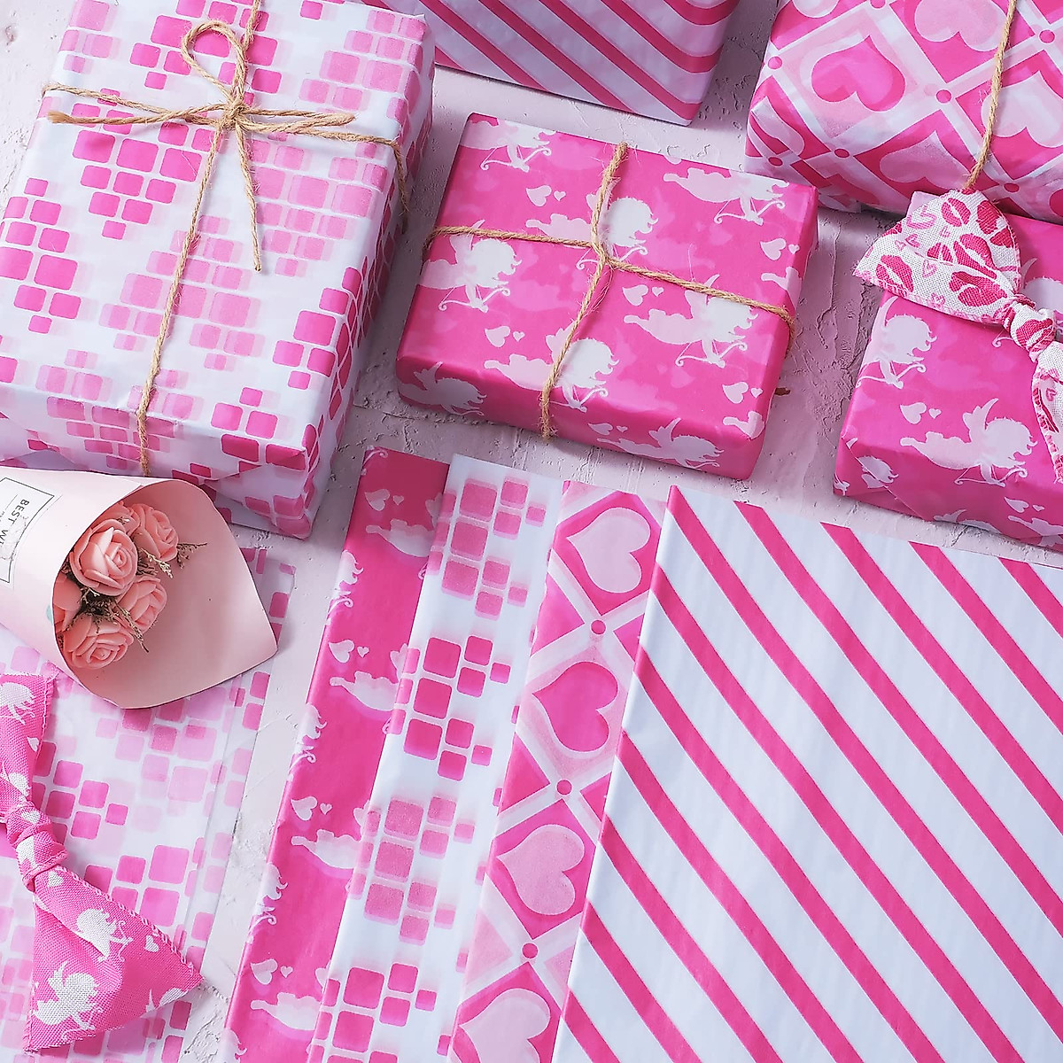 Bolsome 100 Sheets Valentines Day Tissue Paper, Hot Pink Love Heart Rose Red Stripe Cupid Arrow Tissue Paper for Valentine Gift Wrapping, Wedding Birthday Party DIY Art Craft Decoration, 14x20 inch