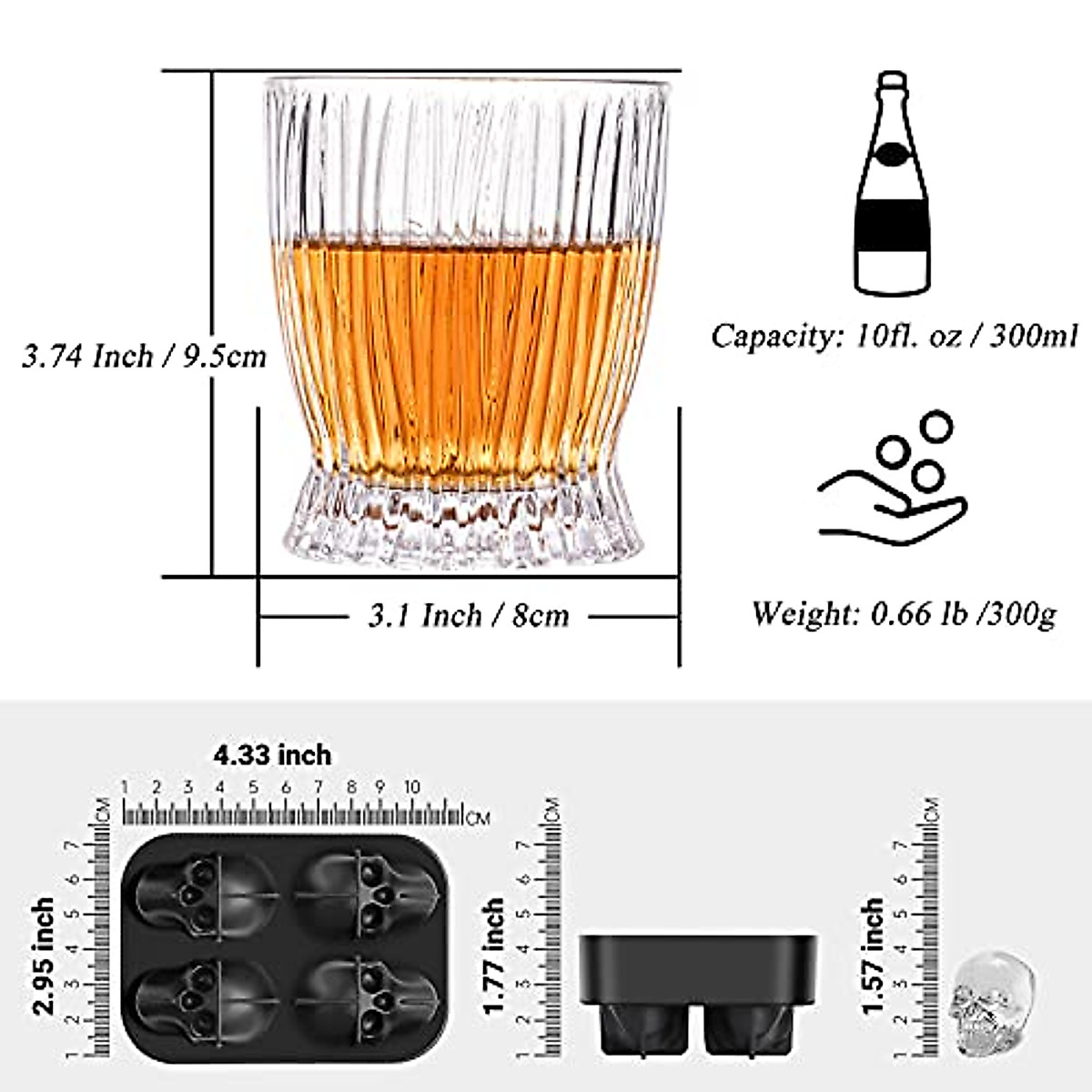 Whiskey Glasses Gift Box Set - Crystal Old Fashioned Whiskey Glasses with Skull Ice Molds - for Scotch, Bourbon, Cocktails - Crystal Glassware Gifts to Men, Whiskey Lover - 10oz