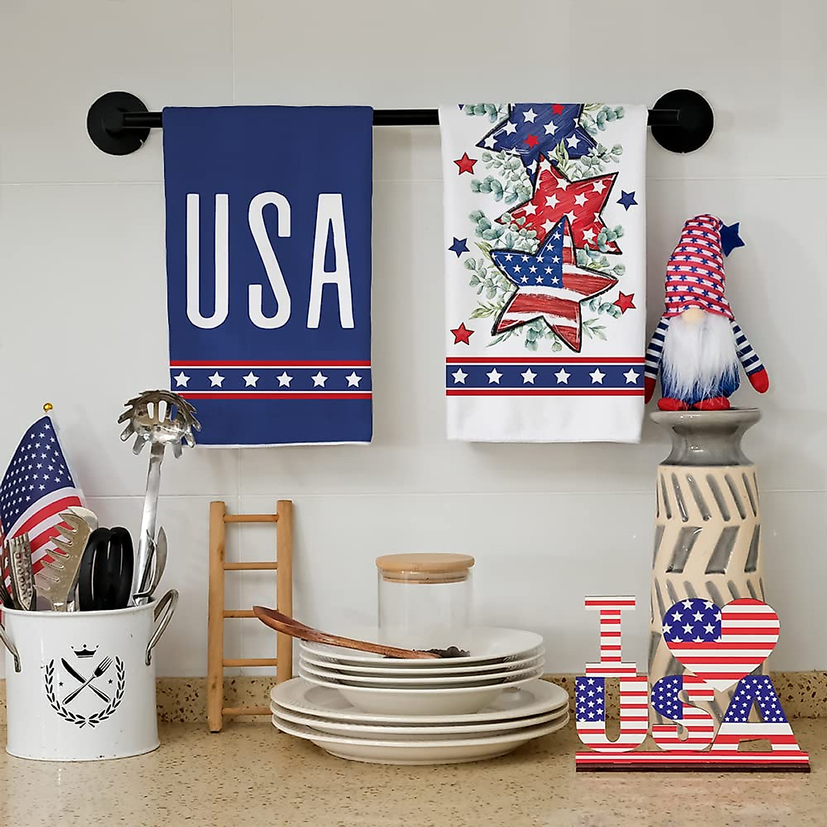 GEEORY Kitchen Towels for 4th of July Decorations Stars and Stripes USA Patriotic Dish Towels 18x26 Inch Ultra Absorbent Bar Drying Cloth Hand Towel for Kitchen Bathroom Party Home Set of 2 GD086