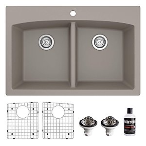 Karran QT-710 Drop-in Quartz Composite 33 in. 1-Hole 50/50 Double Bowl Kitchen Sink Kit in Concrete
