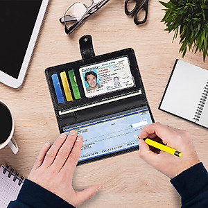 Black Checkbook Covers- Leather RFID Check Registers for Personal Checkbook，Women&Men Wallets with Checkbook Holder Case (Black)