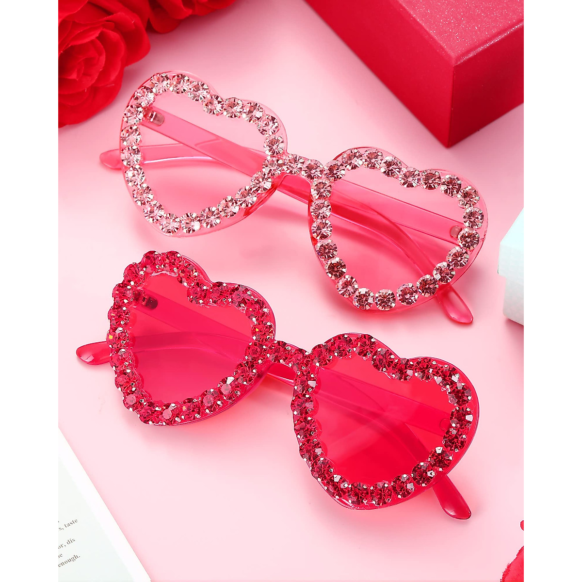 TOODOO 2 Pairs Rhinestone Heart Sunglasses Red Heart Shape Rimless Sunglasses for Women Transparent Heart Glasses (Pink, Rose Red)