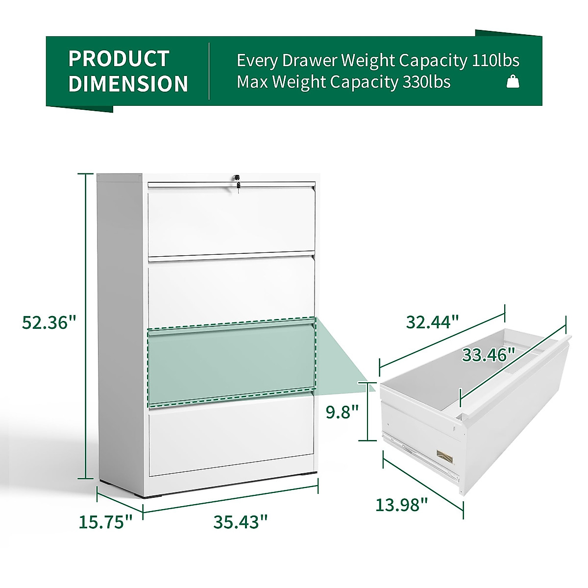 BIZOEIRON 4 Drawer Lateral File Cabinet and 2 Drawer File Cabinet with Lock, White