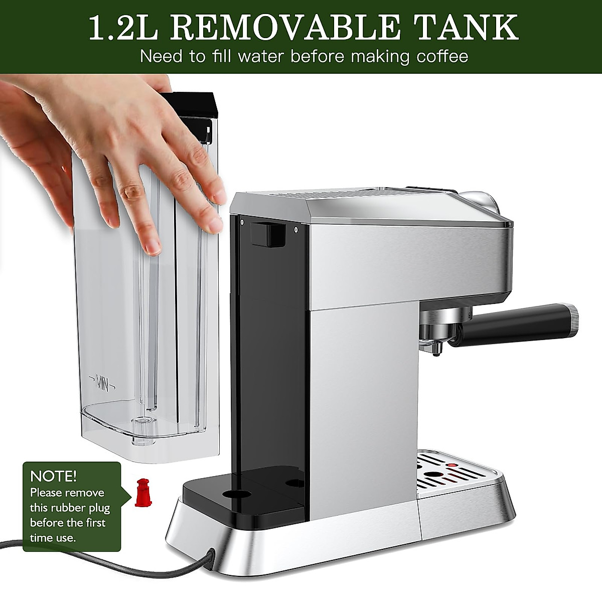 MR MIRYE Espresso Machine, 20 Bar Stainless Steel Espresso Maker Silver Coffee Machine for Home or Office With Removable Water Tank, Measuring Spoon, Brewing Filter, Milk Cup, Milk Frother Steam Wand