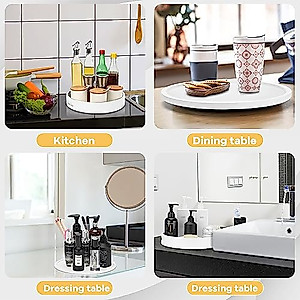 Lazy Susan Organizer for Countertop, 12 Inch & 10 Inch Bamboo Condiment Organizer, Wooden Lazy Susan Turntable Organizer for Cabinet Pantry Kitchen Counter Dining Table Cupboard, Decorative Tray White
