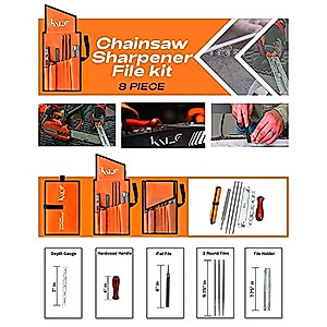 Katzco Chainsaw Sharpener File Kit - Contains 5/32, 3/16, and 7/32 Inch Files, Wood Handle, Depth Gauge, Filing Guide, and Tool Pouch - for Sharpening and Filing Chainsaws and Other Blades