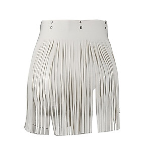 KKmeter Women's Faux Leather Waistband Fringe Tassel Skirt Hippie Boho High Waist Adjustable Double Waist Belt Skirt Clubwear (White)