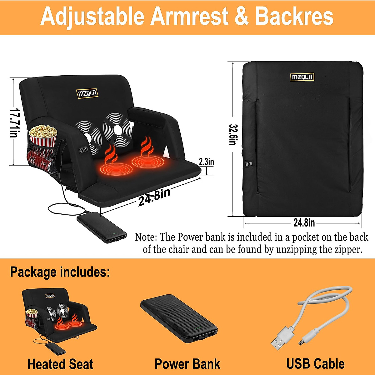 Heated Massage Reclining Stadium Seat, 25 Inch Bleacher Chair with 10000mAh Portable Bank, 6 Reclining Positions for Camping, Games & Sports