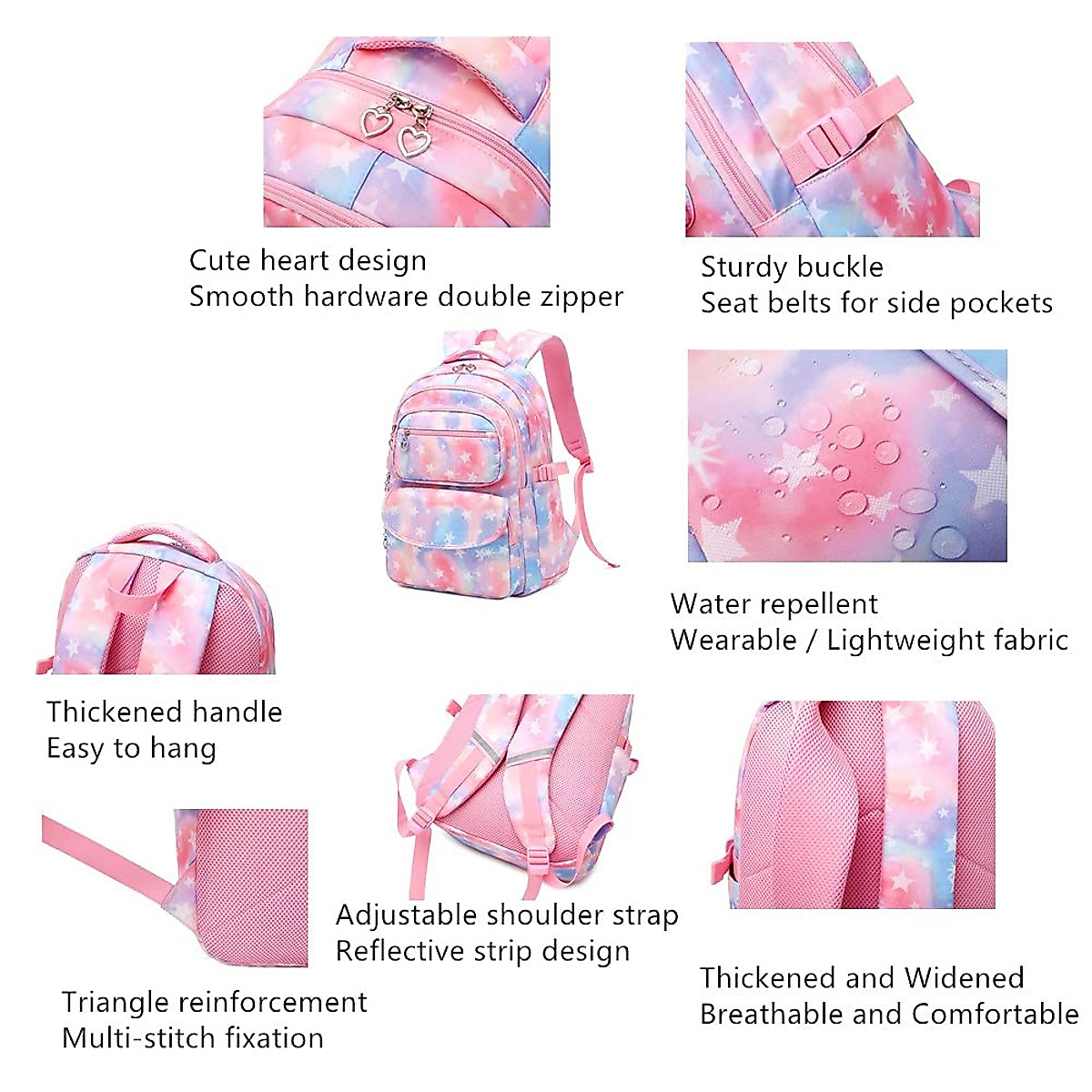 Kids Backpack with Lunch Box, Backpack for Girls, Lightweight Elementary Bookbags Middle-School Backpacks Set, Cute Star-print Schoolbag