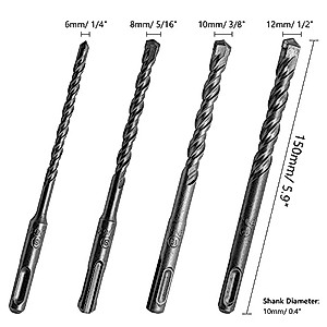 LDEXIN 4 Pcs SDS Rotary Hammer Drill Bit Set, SDS Plus Hammer Drill Bits for Concrete Masonry Wall - 1/4", 5/16", 3/8", 1/2" Diameter