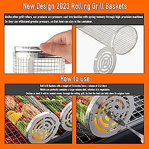 Grill Basket 2 PCS Rolling Grilling Baskets for Outdoor Grilling,Bbq Grill Grilling Basket Cylinder.Barbeque Stainless Steel Accessories for Fish, Shrimp, Meat, Vegetables, Fries (11.8 inch*2)