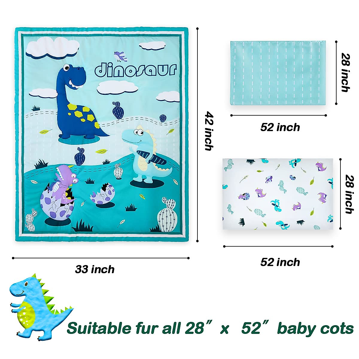 Luxanna Crib Bedding Set Dinosaur 3 Pieces Baby Boys Nursery Bedding Sets with Baby Comforter,Crib Fitted Sheet, Crib Skirt for Boys