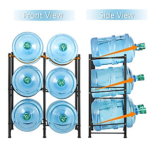 LIANTRAL 5 Gallon Water Bottle Holder, 3 Tiers Black Double Row Heavy Duty Water Cooler Jug Rack, Water Rack with 6 Slots for Home Kitchen