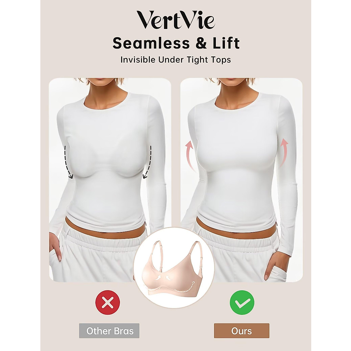 Vertvie Womens Seamless Bra No Underwire Comfort Push Up Bras Buttery Soft Wireless Bralette Full Coverage Sport Everyday Bra(Skin,Medium)