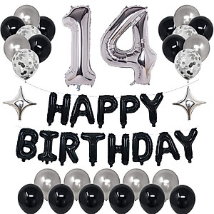 NANINUNENO 14th Black Silver Birthday Party Decorations for Boys Girls, Happy 14 Birthday Party Supplies with Black Happy Birthday Banner, Silver Foil Stars, Happy Birthday Balloons for 14th Birthday