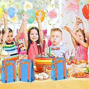 18Pcs Orange Blue DIY Gift Bags Goodies Candy Treat Bags with 18Pcs Orange Paper Glasses and Bow Tie Stickers Party Favors Bags for Birthday Baby Shower Fireman Construction Worker Party Supplies