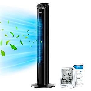 GoveeLife 36'' Smart Tower Fan for Bedroom Bundle with Hygrometer Thermometer H5104, Bluetooth Room Temperature Monitor with APP Alert and 2 Years Date Storage Export, Remote LCD Digital Display