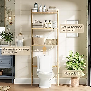 QSN SILK LU 3 Tier Over The Toilet Organizer Rack Bamboo, Freestanding Bathroom Toilet Storage Shelf, Space Saving and Easy to Install, Adjustable Feet, Adjustable Bottom Rod