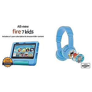 Fire 7 Kids Tablet Bundle. Includes Fire 7 Kids Tablet | Blue & Made For Amazon PlayTime Volume Limiting Bluetooth Kids Headphones Age (3-7) | Blue