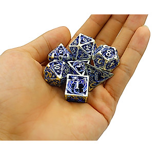Polyhedral Dice Set Hollow Metal DND Dice Dungeons and Dragons Dice Set Gifts 7CPS Role Playing Dice Set with Gift Metal Box Suitable for D&D Table Games Cards Tower MTG RPG(Dragon_Pearl Silver Blue)