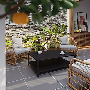 Flash Furniture Metal Indoor/Brock Outdoor Coffee Table with Lower Shelf - Black Steel Coffee Table for Business or Home Use - Modern Square Leg Frame