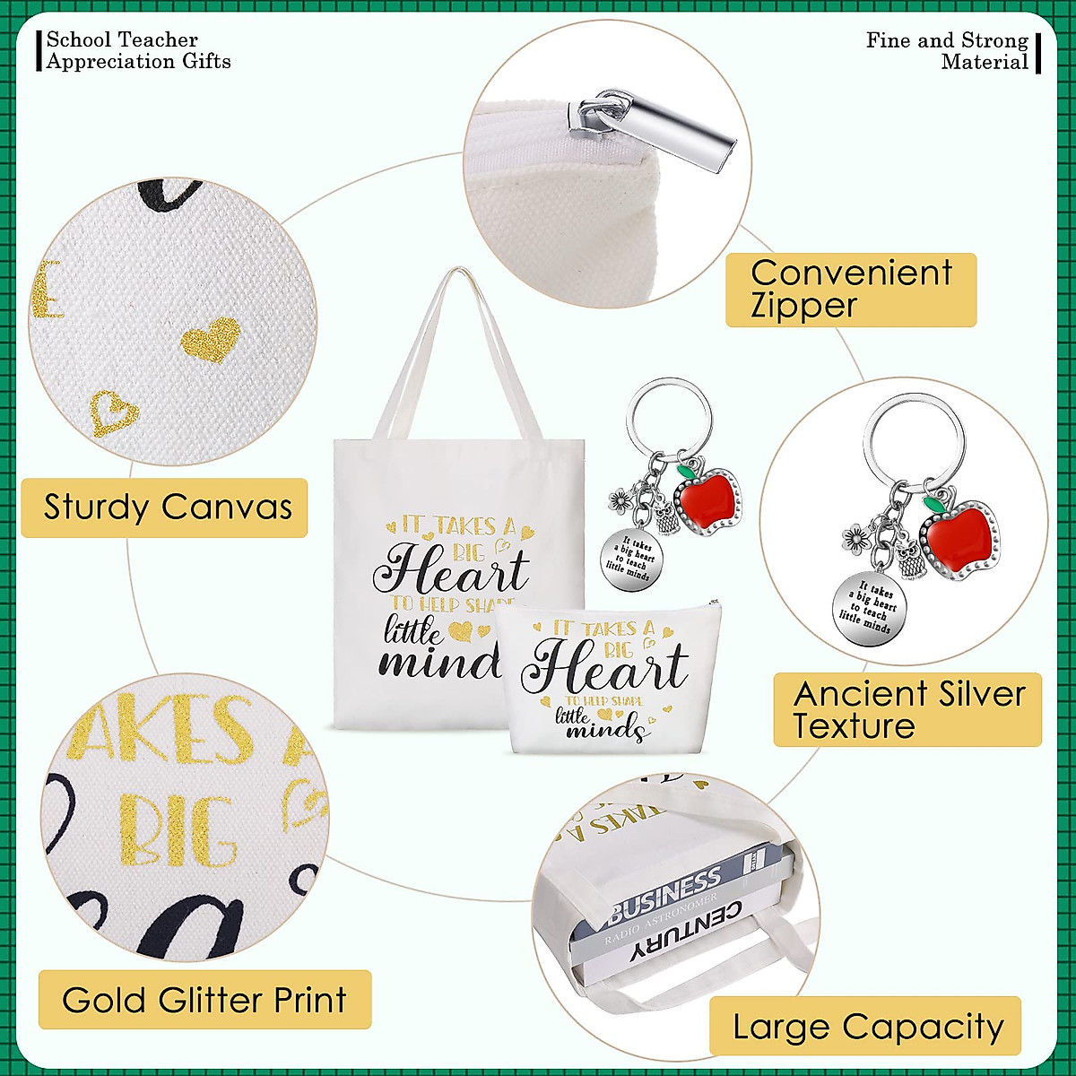 9 Pcs Teachers Appreciation Gifts Christmas Gift Cotton Tote Makeup Bag Teacher Cosmetic Bag with Zipper, Graduation End of Year Apple Keychain Gifts from Students for Teacher