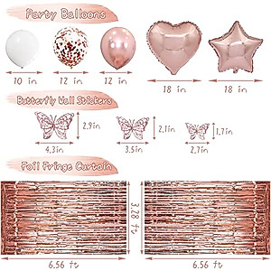 Rose Gold Birthday Decorations, Happy Birthday Banner Rose Gold, Rose Gold Balloons, Rose Gold Tablecloth Fringe Curtains, Pennant Banner and 3D Butterfly Stickers for Women Girls Birthday Party Supplies