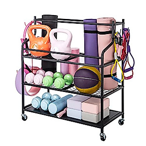 QUSIMI Yoga Mat Equip Storage Rack on Wheel, Dumbbells Kettlebells Workout Storage Weight Rack Cart,Large Home Gym Equipment Multi-use Storage Rack Holder Organizer