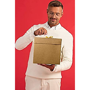 Square Gift Boxes with Lids Set of 4, Brown Kraft Gift Box with Ribbon, (8.7 Inch Medium), Presents Packing, Birthday, Wedding Party Favor Boxes.