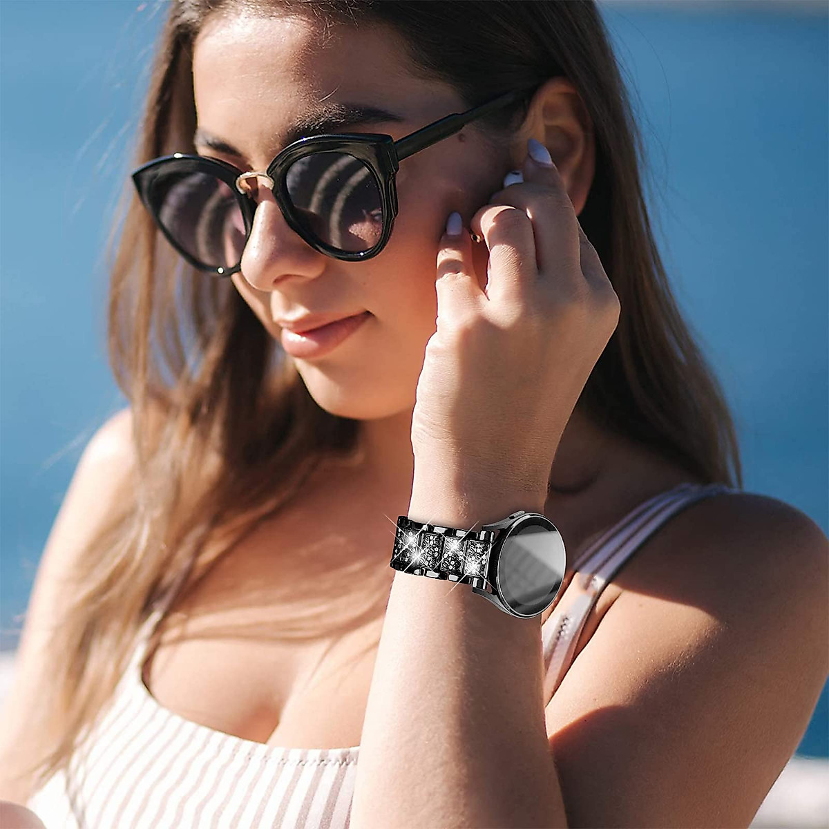 Mtozon Bling Women Bands Compatible with Samsung Galaxy Watch 7 6 5 4 40mm 44mm/Watch 3 41mm/Samsung Active 2 40mm 44mm/Watch4 Classic/Galaxy Watch 5 pro/Metal Dressy Wristbands, Black