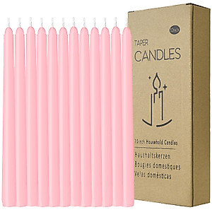 Thleunei 12 Pack Pink Taper Candles 10 Inch - Dripless, Smokeless, Unscented Taper Candle - 8 Hours Long Burning Suitable for Any Candlesticks - Ideal for Weddings Dinner Parties and Home Decor