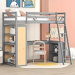 Harper & Bright Designs Loft Bed with Desk and Drawer, Wood Twin Desk,Shelves Cabinet Underneath, High Storage for Kids, Boys,Girls,Teens (Grey), Twin(Desk+Shelves+Ladder)