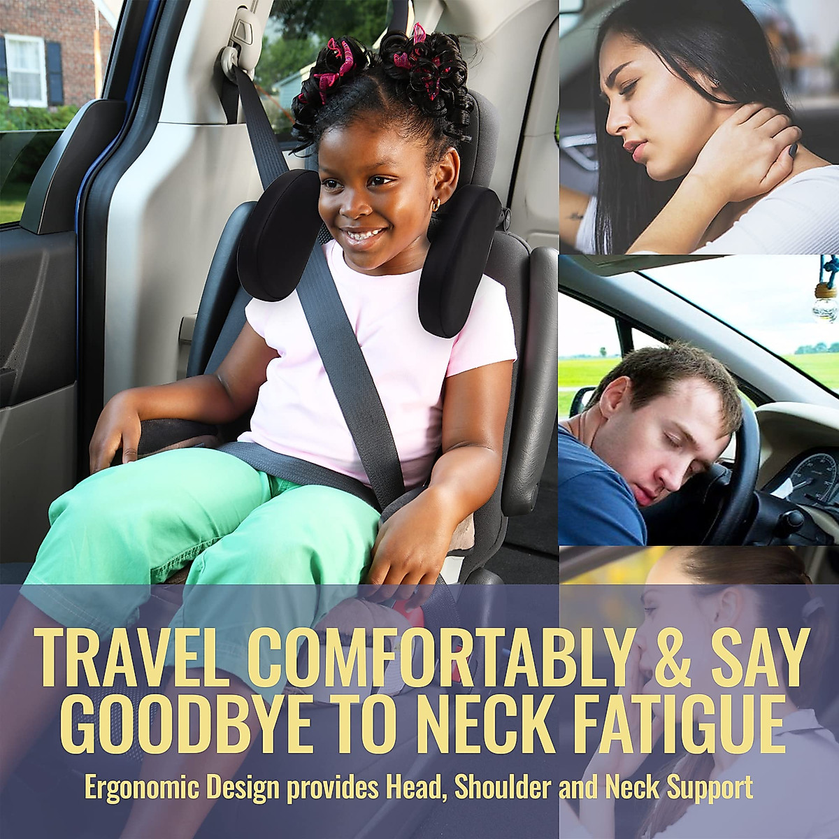 Car Seat Headrest Pillow, Head, Neck & Shoulder Support Cushion for Sleeping in The Car, Adjustable Height Cotton Car Travel Pillow for Kids & Adults, Long Distance Drives, Weatherproof - Black