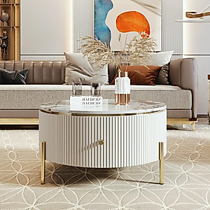 Merax Modern Round Coffee Table Set with 2 Large Drawers Storage Golden Metal Leg Circular Marble Pattern for Living Room Apartment（31.5''）, Off White