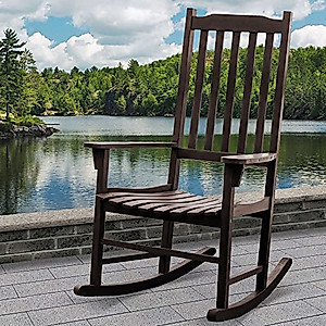 Merry Products Traditional Acacia Hardwood Rocking Chair with Curved Seat and Wide Armrests for Outdoor or Indoor Use, Dark Stain