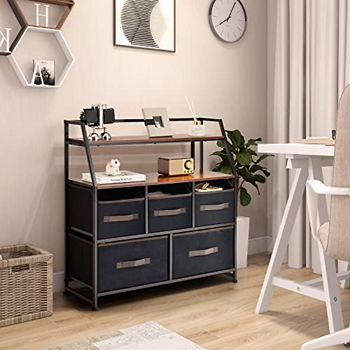 GOFLAME 5 Drawer Dresser with Shelves, Freestanding Fabric Dresser Organizer with Metal Frame, Anti-toppling Devices, Storage Tower Unit, Chest of Drawers for Living Room, Bedroom, Entryway