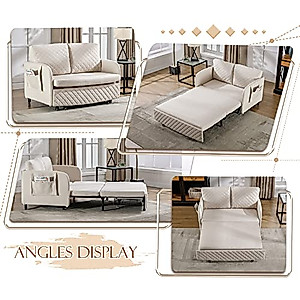 KINFFICT Pull Out Futon Sofa Bed, Convertible Small Loveseat Sleeper with Storage Drawer, 3 in 1 Futon Couch with Removable Pocket and 2 Pillows, Modern Love Seat for Living Room, Guest Room, Beige