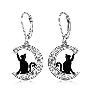 Black Cat Earrings For Women Sterling Silver 925 Kitty Cat Moon Earrings Dangle Jewelry Hypoallergenic Leverback Cute Valentines Christmas Gifts