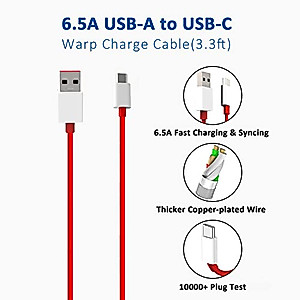 Warp Charger 65W for OnePlus 9R/9RT 5G/9/9 Pro, OnePlus Charger Warp Charge for OnePlus Nord 2 5G/8T/8T+ 5G,USB Wall Plug Block Replacement with Warp Charging USB A to C Cable（3.3ft）