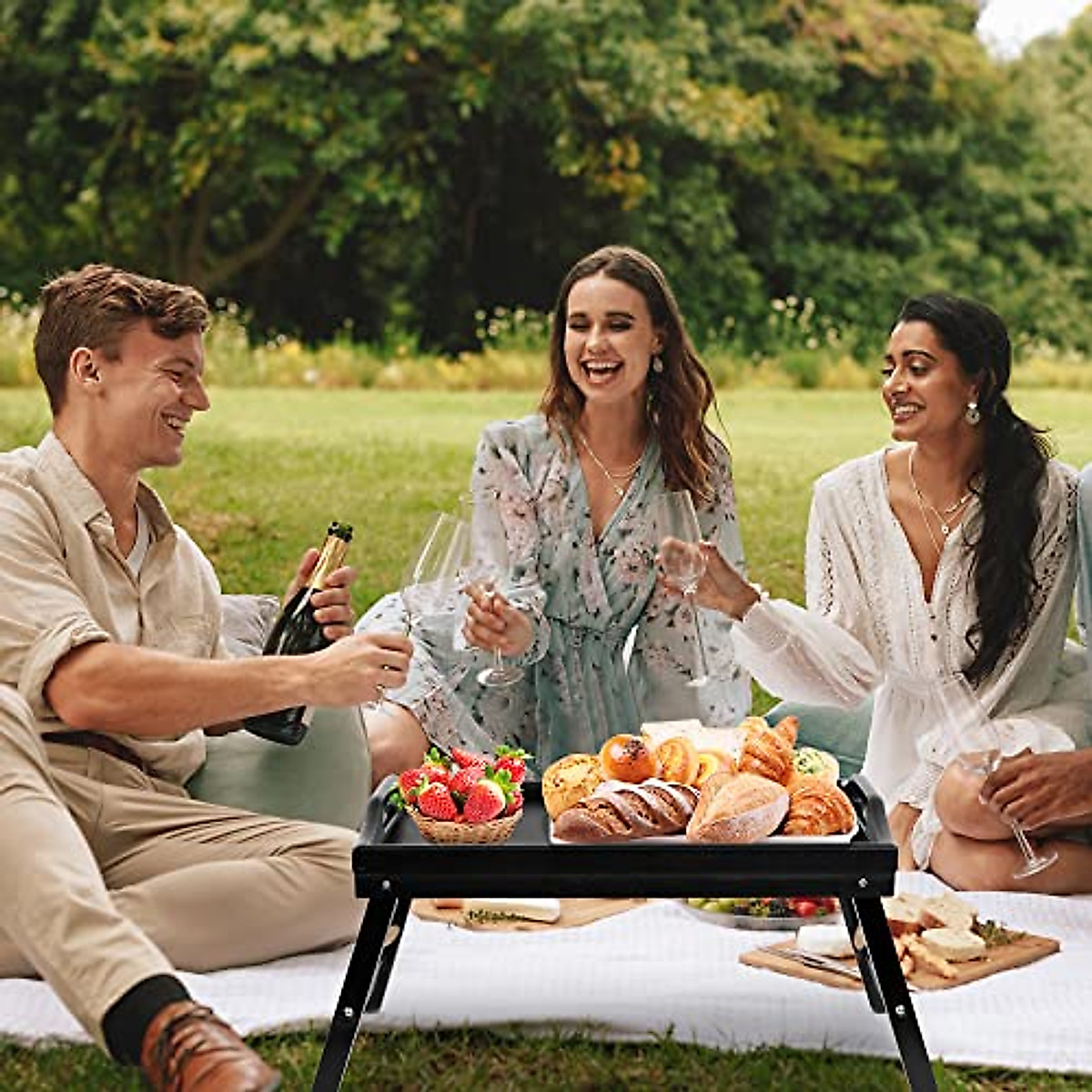 Mayyol Breakfast Bed Tray for Eating - Height Adjustable Raised Food Table - Bamboo Serving Tray on Lap Sofa - Portable Snack Platter with Folding Legs Ideal for Bedroom, Picnic - Black