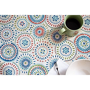Covers For The Home Elastic Edged Flannel Backed Vinyl Fitted Table Cover - Multi-Color Geometric Pattern - Large Round - Fits Tables up to 45″ - 56” Diameter