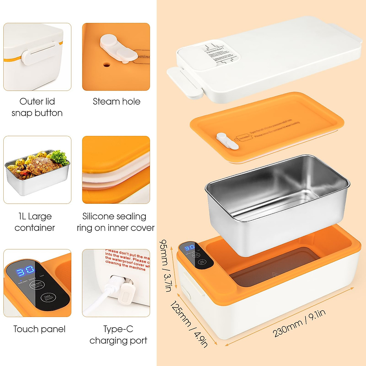 Cordless Electric Lunch Box, No Water Required Heated Lunch Box for Car/Truck/Home, USB Electric Lunch Box for Adults 1L 304 Stainless Steel Container, Warming Time Selectable with HD Digital Display