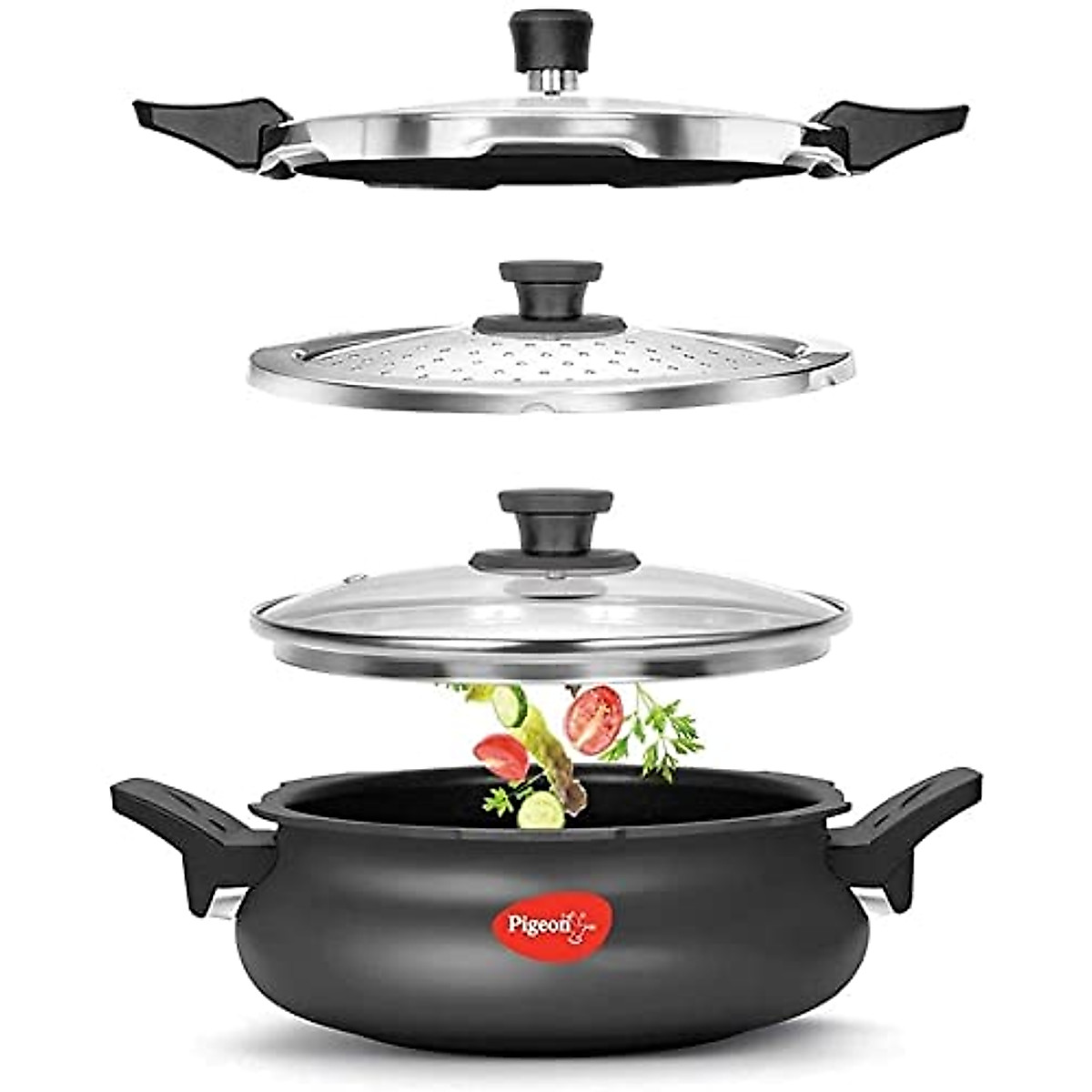 Pigeon 3.2 Quart All-In-One Super Cooker - Steamer, Cooking Pot, Pressure Cooker, Dutch Oven - For All Cooktops - Quick Cooking of Meat, Soup, Rice, Beans, Idli & more, Hard Anodized, (3 Liters)