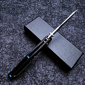 Outdoor Folding Pocket Knife, Reverse Tanto Blade, Plain Edge, Satin Finish, Black Carbon Fiber Handle With Belt Clip, Everyday Carry Thumb Studs Manual Open