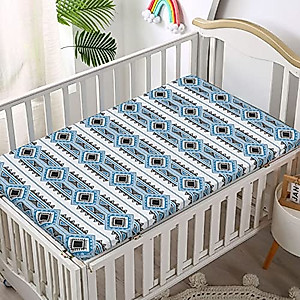Tribal Themed Fitted Mini Crib Sheets,Portable Mini Crib Sheets Ultra Soft Material-Crib Mattress Sheet or Toddler Bed Sheet,24“ x38“,Sea Blue Charcoal Grey White