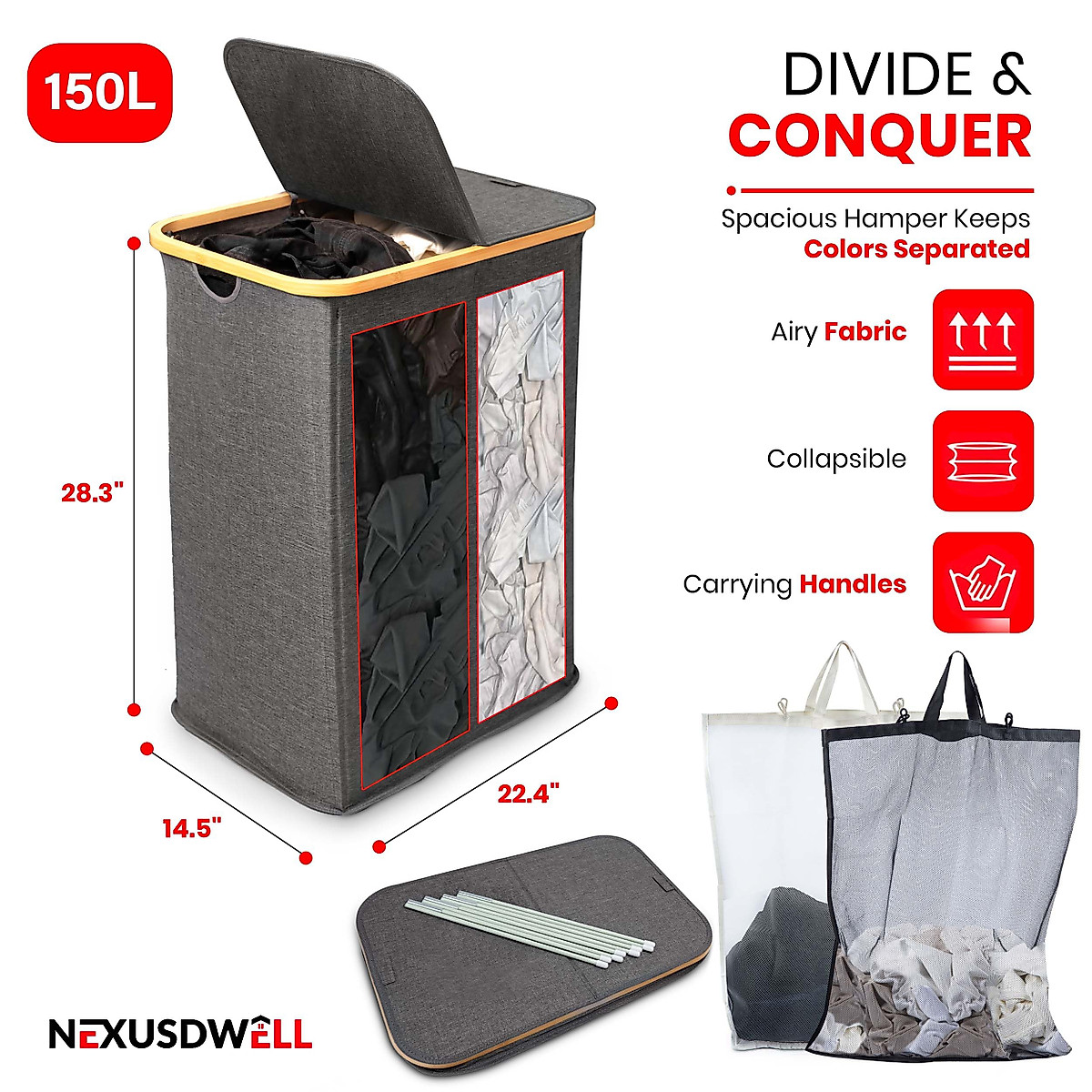 Nexusdwell 150L Large Laundry Hamper 2 Section with Removable Bags & Bamboo Handles- Sturdy Double laundry Basket with Lid and Divider- Grey Dual Laundry Hampers for Bedroom-Double Hamper