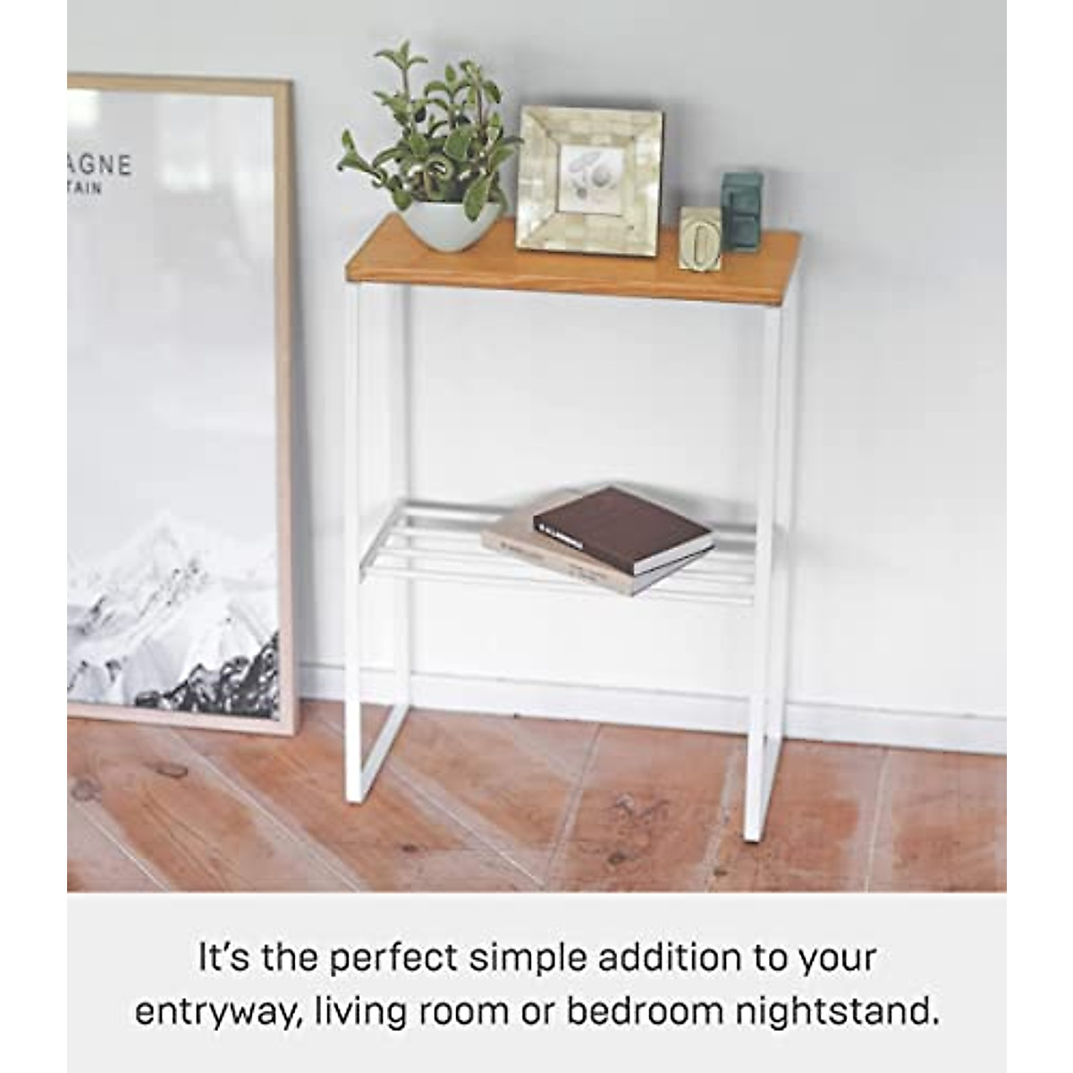 Yamazaki Home Narrow Living Room End Table - Slim Side Storage Shelf Stand Furniture Metal and Wood Modern Skinny Accent Table Steel + WoodWhite
