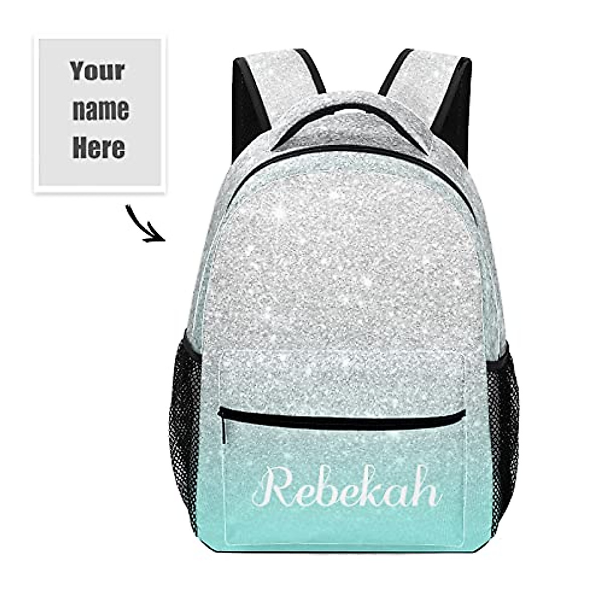 Eiis Silver Glitter Ombre Teal Ocean Students Personalized School Backpack for Kid-Boy /Girl Primary Daypack Travel Bookbag, One Size (P22889)
