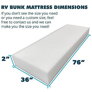 Foamma 2” x 36” x 76” Truck, Camper, RV High-Density Bunk Mattress Foam Replacement, Made in USA, Comfortable, Travel Trailer, CertiPUR-US Certified, Cover Not Included
